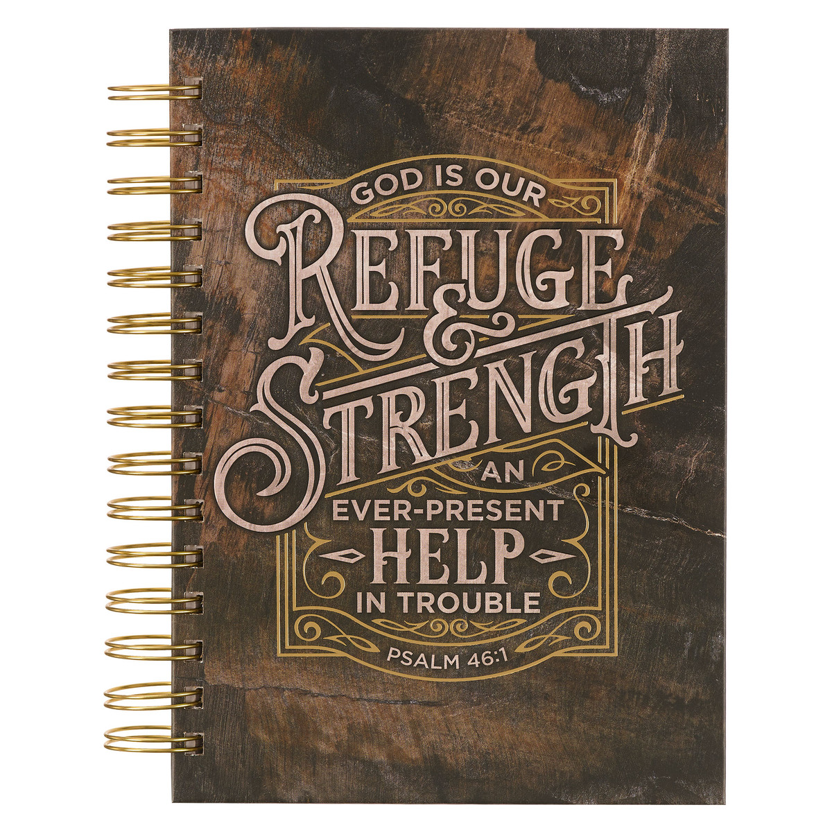Refuge and Strength Brown and Black Woodgrain Wirebound Journal - Psal ...